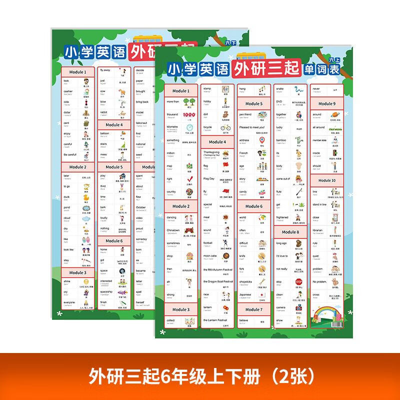 生单词表外研三起版三四五六年级彩色挂图纸 六年级上下册（2张）