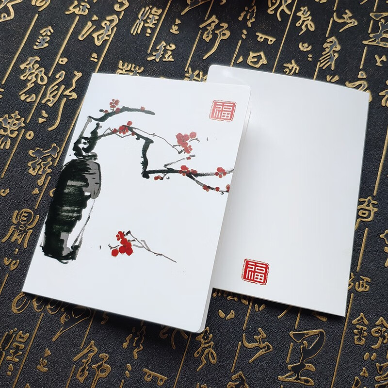 中国风贺卡大号尺寸复古风简约空白对折手绘diy新年生日祝福卡片 水墨桃花单卡混搭10张