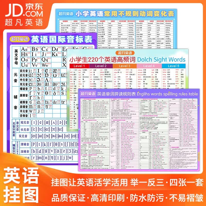 小学生220个高频词英语单词拼读规则表 小学英语常用不规则动词变化表大小85*57cm 挂图4张 全套四张（推荐购买）