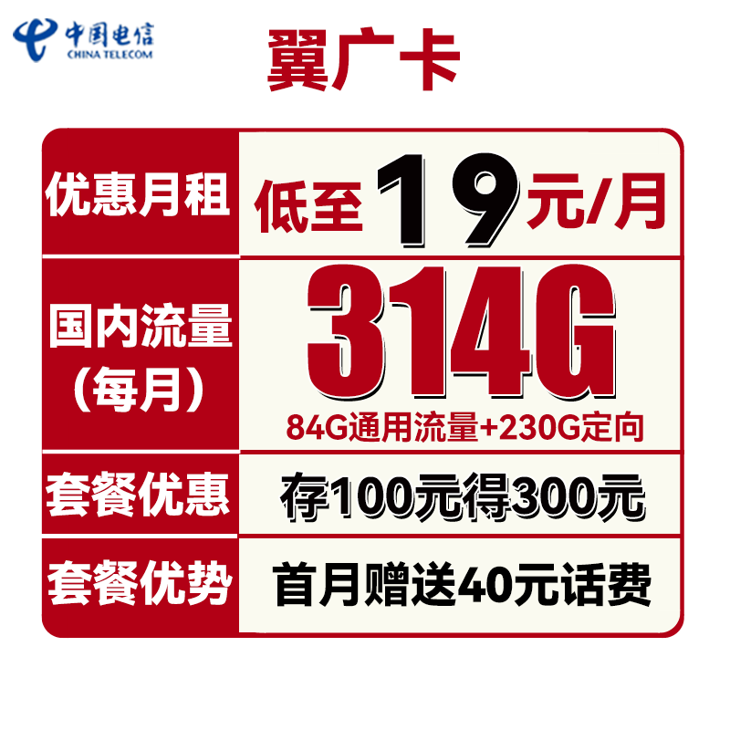 中国电信流量卡手机卡上网卡5G套餐不限速100G星汉卡星唐樱花卡天为战狼卡翼卡嗨卡 长期翼卡29包210G全国流量 300分钟国内通话,买饭粒