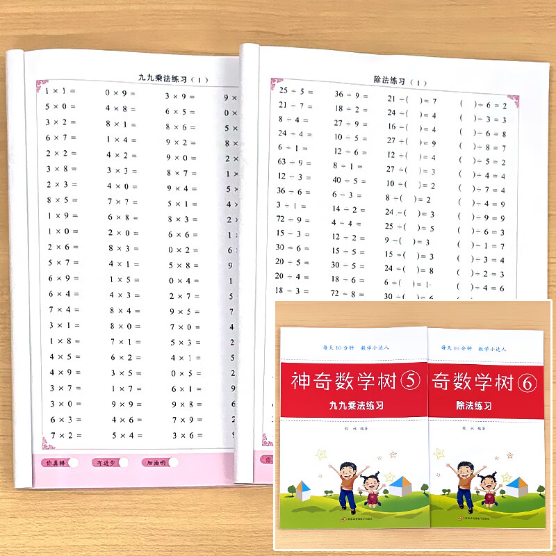 20/100以内的加减法加减乘除法混合运算全横式全竖式口算题卡天天练同步练习册小学生一二三年级上册下册数学 全2册-九九乘法练习+除法练习 小学通用