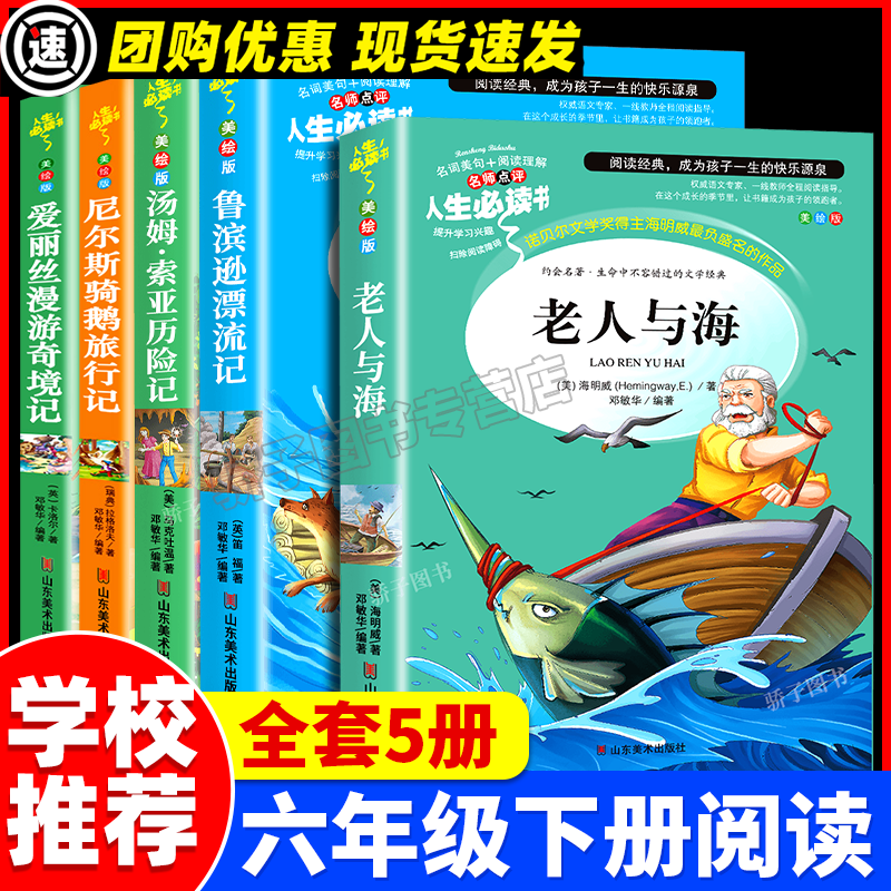 鲁滨逊漂流记尼尔斯骑鹅旅行记 汤姆索亚历险记 爱丽丝漫游奇境记人生必书彩插版六年级下小学生必课外书籍四 【全5册】读书吧六下+老人与海
