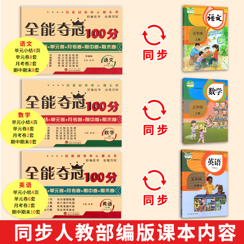 五年级上册试卷测试卷全套人教版部编语文数学英语PEP小学5年级全能夺冠100分单元期中期末模拟考试卷子练习 英语-人教版PEP 五年级上