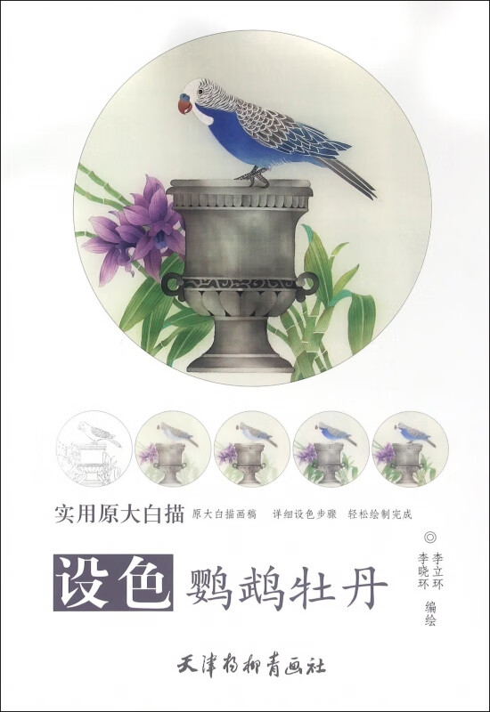 设色鹦鹉牡丹(实用原大白描)