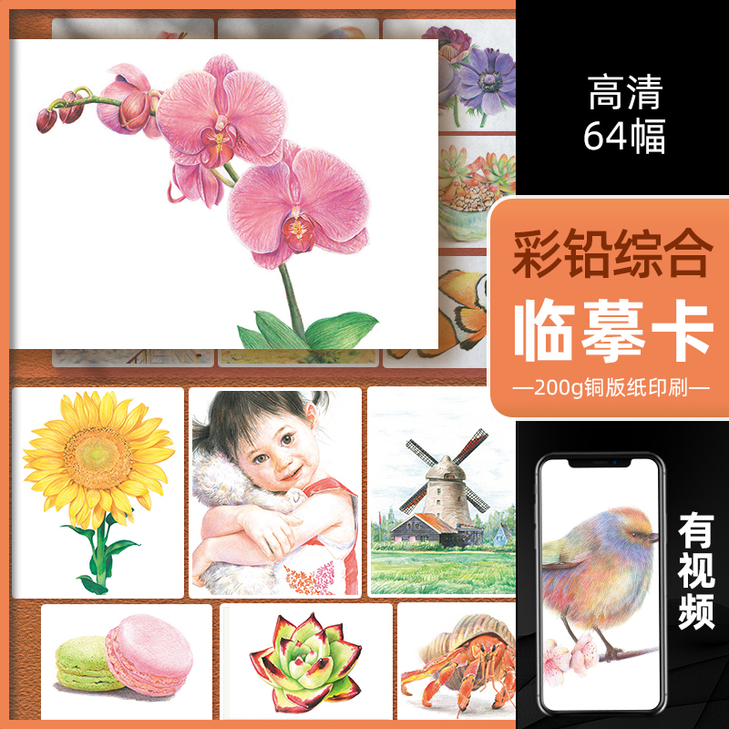 【现货速发】彩铅综合临摹卡64幅 2022步骤解析对应美术绘画卡片兴趣原创高清临摹画册范本32开描摹卡彩铅笔手绘临摹卡沐尚文化
