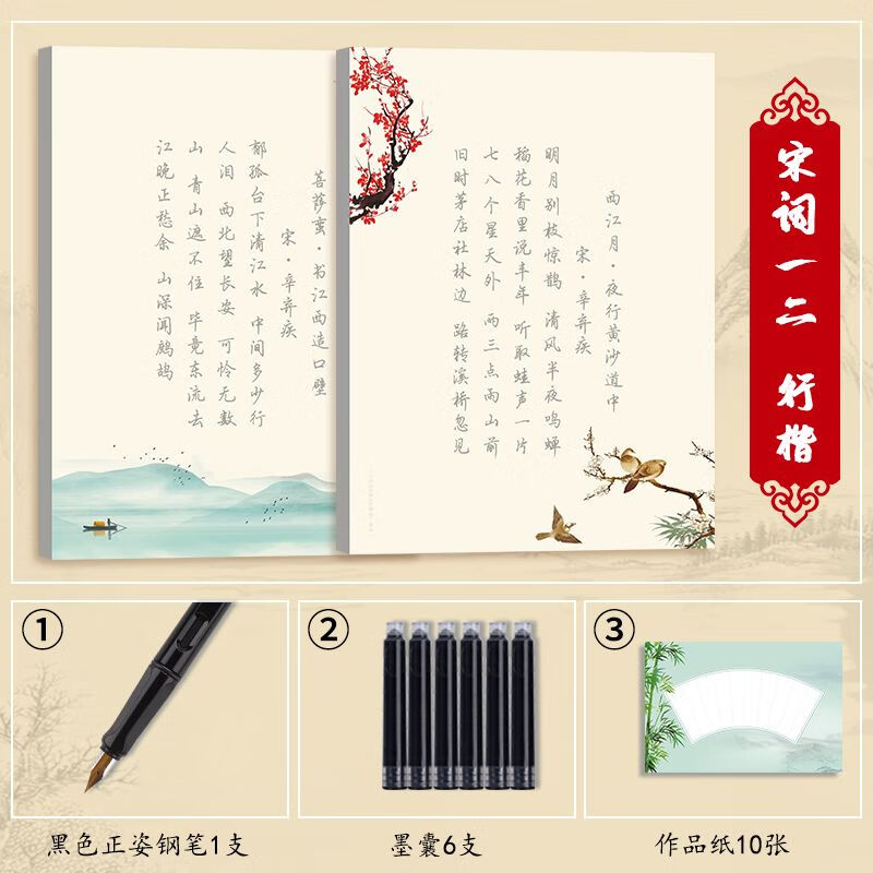 古风版古诗词字帖女生字体漂亮临摹唐诗宋词练字帖卫夫人楷书钢笔字帖成年楷书学生练字专用每日一练成人练字男生硬笔书法练字本 64首宋词合集[行楷版]豪华套餐