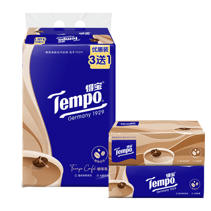 TEMPO 得宝 咖啡味抽纸 90抽*4包，9.9元包邮（需关注店铺）—— 慢慢买比价网