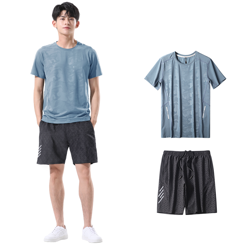 艾伦伯顿（Alen Botun） 夏季冰丝运动套装男薄款宽松跑步服速干短裤短袖晨跑衣服夏天透气t恤_运动T恤_什么值得买