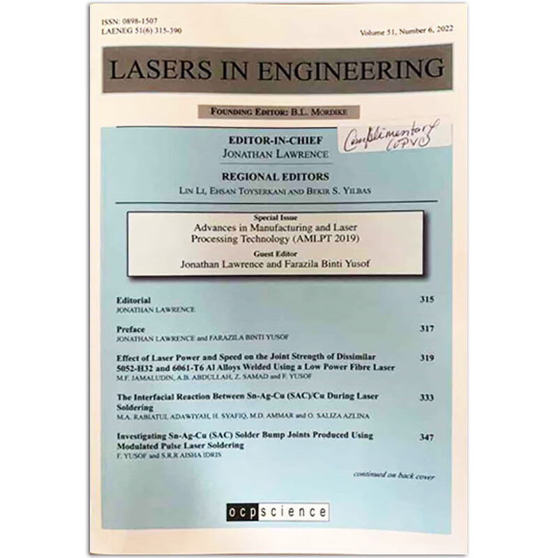 Lasers in Engineering Vol.51 N.1-5 2022年 英文工程激光应用研 2022年6月刊