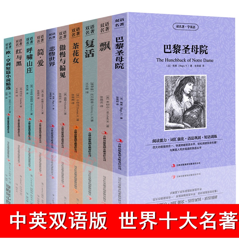 世界十大名著全10册中英文简爱傲慢与偏见飘巴黎圣母院悲惨世界呼啸山庄等英文对照英汉互译双语世界经