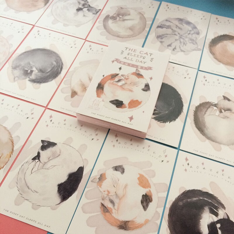 创意宠物猫咪明信片异形文艺治愈系可爱卡通动物手绘风贺卡小卡片 猫睡了一天明信片30张