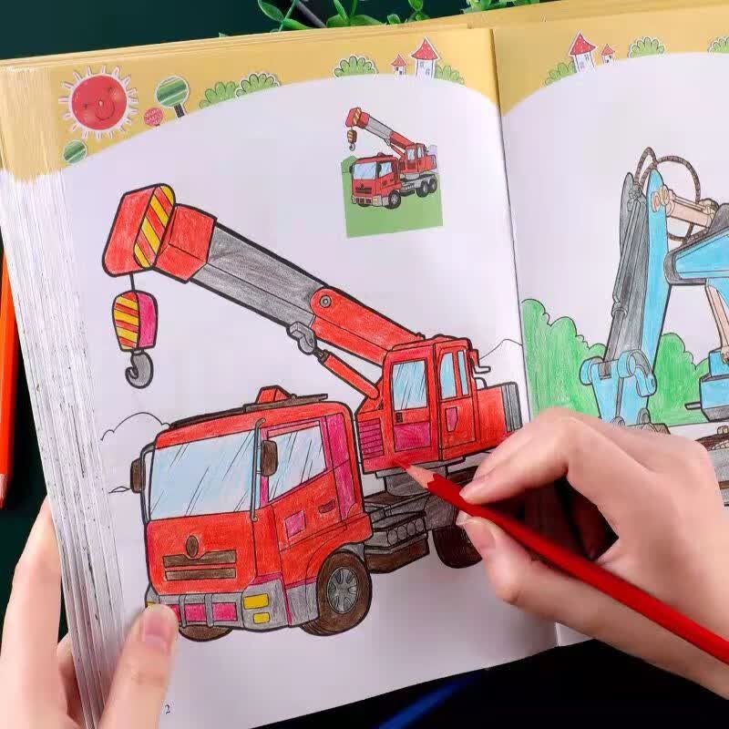 儿童画画书涂色书汽车工程车挖土机涂鸦绘画册幼儿园宝宝填色男孩 全套8本