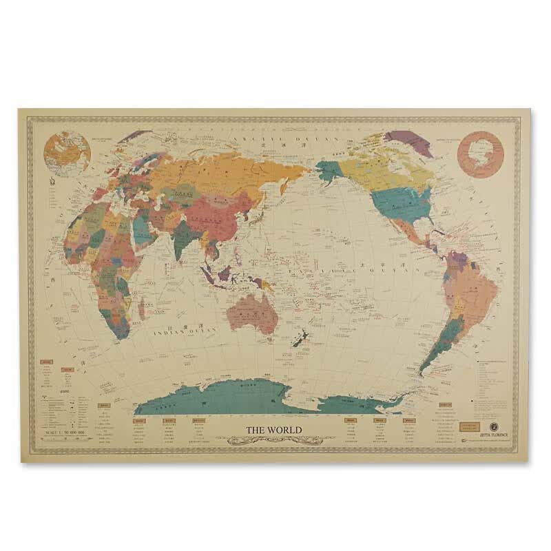 牛皮纸复古世界地图中英文版，标记足迹旅行打卡书房办公室装饰画 世界地图 70*100 单张地图（无装裱框） 独立