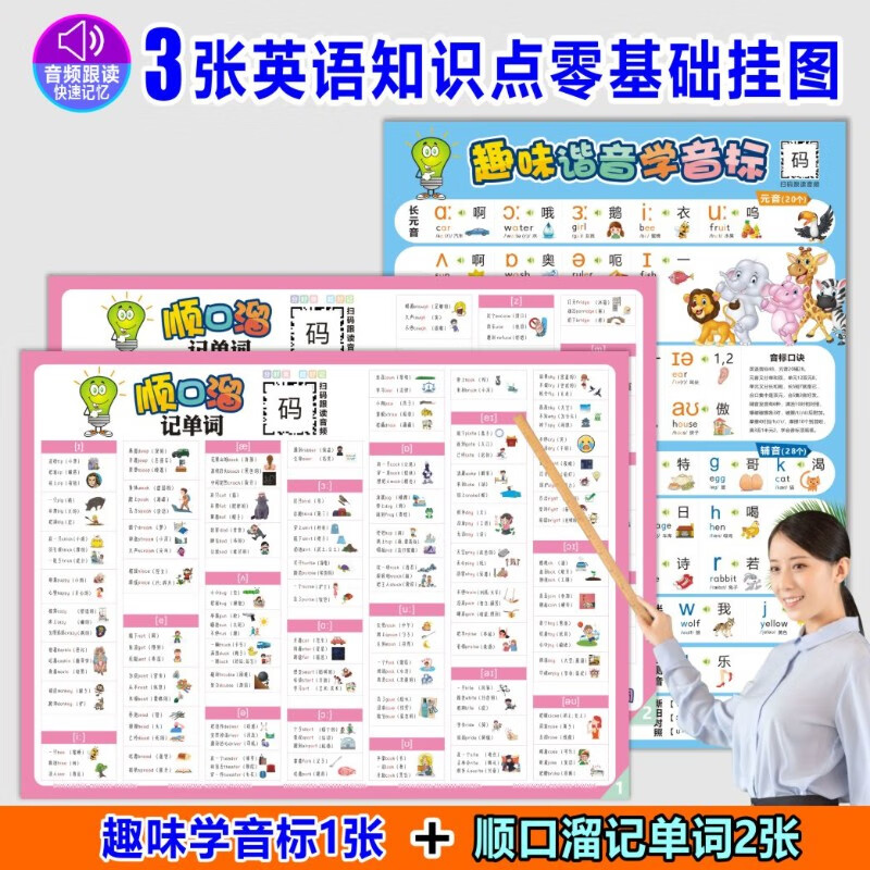 零基础学英语48个国际音标记单词中小学挂图思维导图有声墙贴 音标+顺口溜记单词(扫码音频教学)