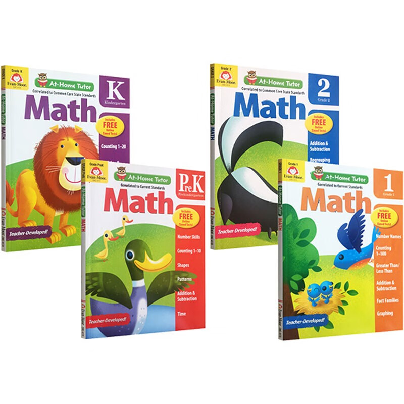 Evan Moor At Home Tutor Math Prek-K-1-2 家中导师系列 数学 4册 英文原版美国加州教辅 .