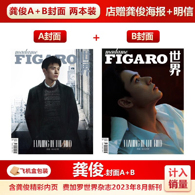 费加罗八月 龚俊A/B封面+赠官方小卡随机2张 计入销量 飞机盒包 MadameFigaro中文版费加罗世界杂志2023年8月 龚俊封面 两本装 费加罗23年8月 龚俊A+B封面+店赠海报