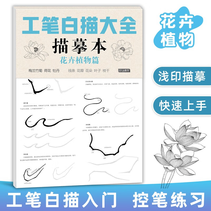 工笔画白描临摹本画册底稿线稿画稿线描入门教材国画练习描摹红素材人物山水花鸟仕女花卉动物初学者零基础少儿成人美术十八描3册 花卉植物 大8开 36张