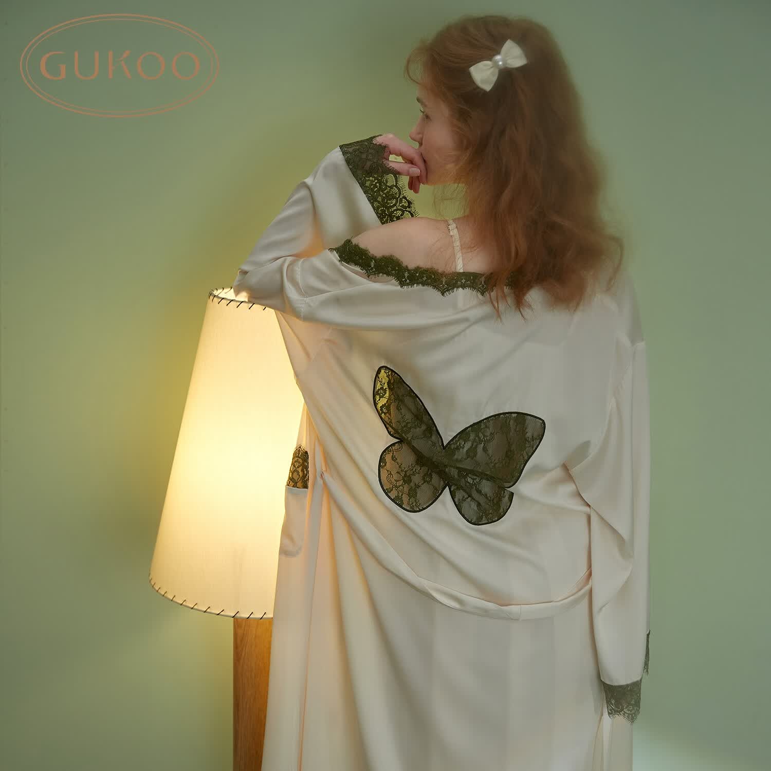 Gukoo/果壳吊带睡裙春秋款冰丝睡袍性感蕾丝睡衣女家居服两件套A 睡裙+吊带 L