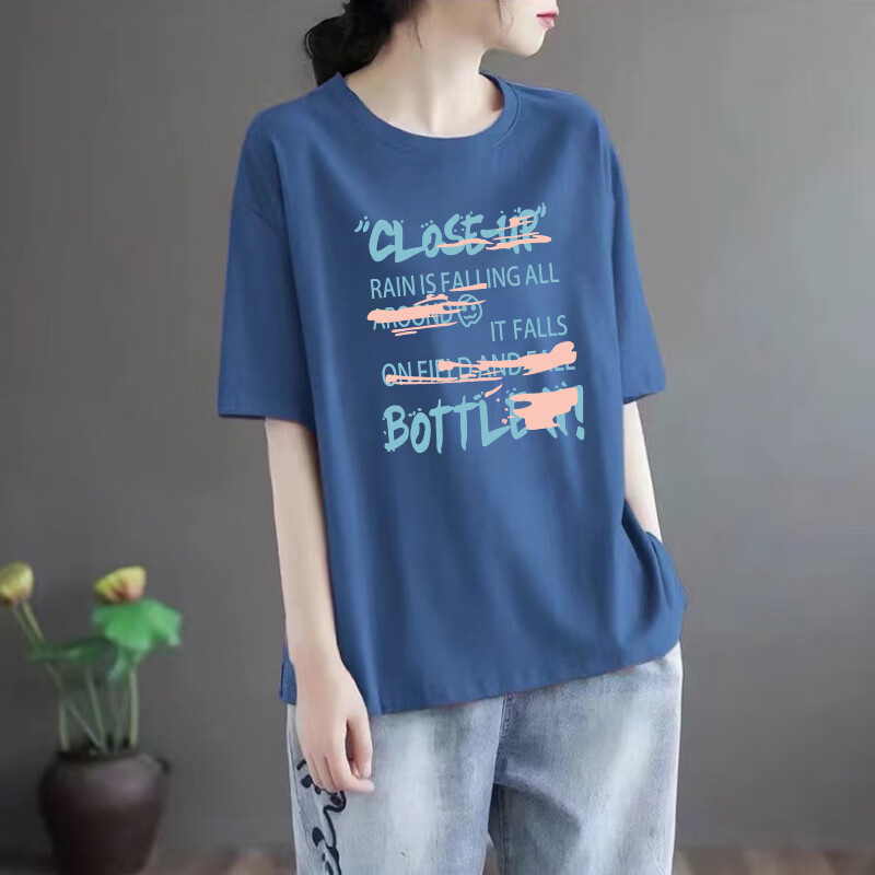 品牌折扣店~意大利出口女装夏季新款T恤100%全棉短袖宽松上衣 蓝色【英文涂画】 M （建议85-115斤）