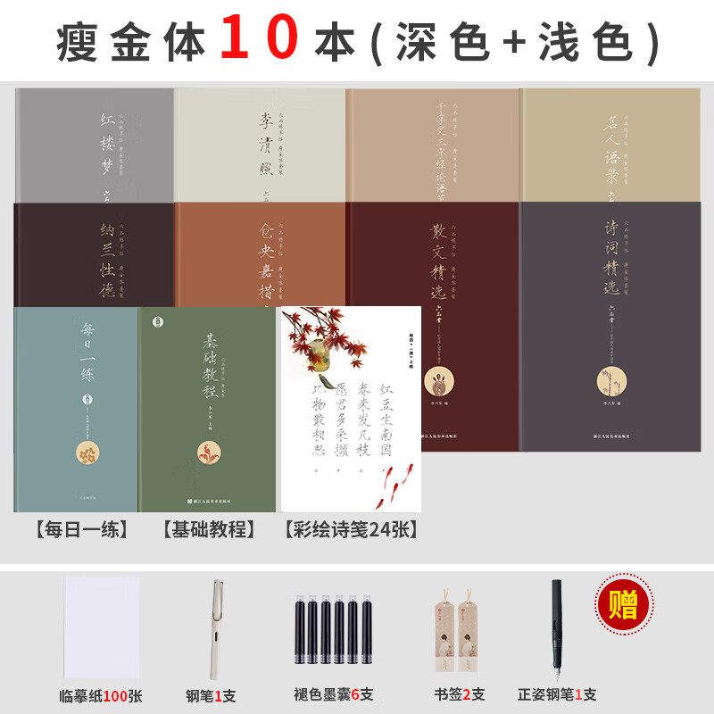 瘦金体字帖硬笔成年男女生字体女士临慕字帖行楷入门初学者专用宋 瘦金体10本(深色+浅色)