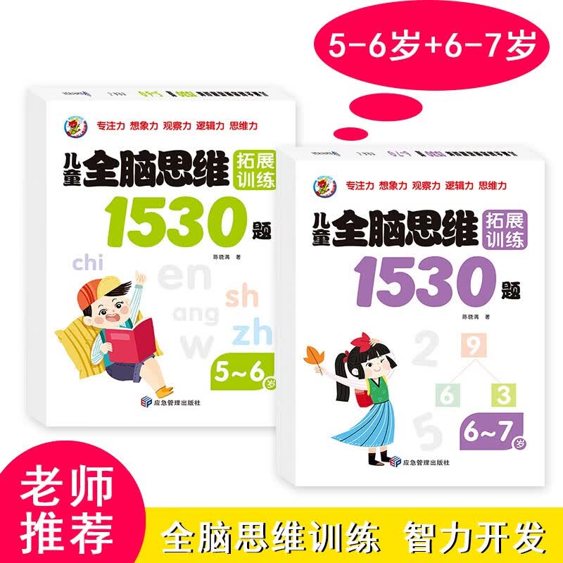 儿童全脑思维拓展训练1530题2-3-7岁益智儿童书籍专注力迷宫左右脑智力开发连线数字书幼小衔接教材全套启蒙认知早教宝宝书本幼儿园 【共2本314页】5-6岁+6-7岁