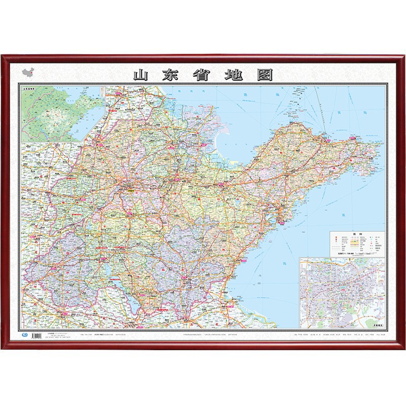 【定制边框】2023年 山东省地图 木框装裱 政区交通地形 约1.1米*0.8米 红棕色边框