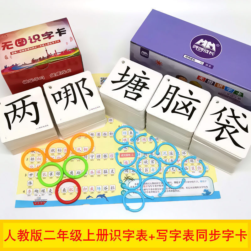 正规二年级上册识字卡片人教版语文课本识字表同步组词造句生字卡片 识字+写字卡(共2盒)