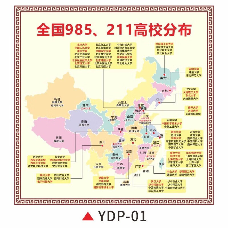 中国重点大学分布图985211本科高校地图高考百日誓师布置教室墙贴 YDP-01 超大