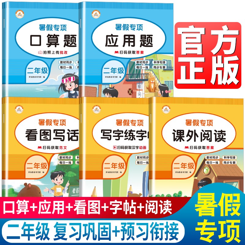 套装5册 2022暑假作业二年级暑假专项训练语文数学暑假作业 看图写话 课外阅读 写字练字帖 口算题 应用题 二年级暑假作业