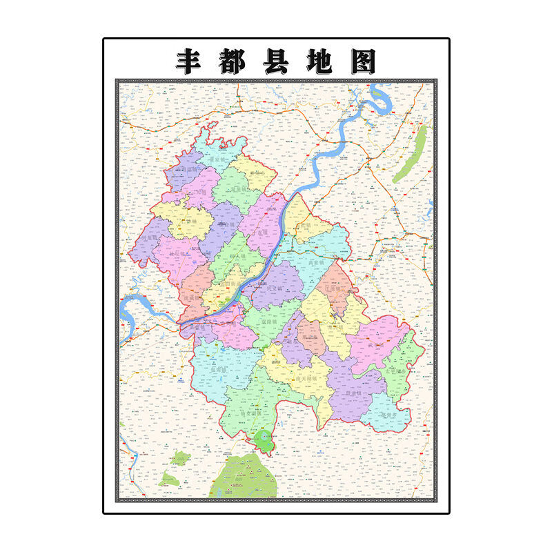 丰都县地图1.1米重庆市防水新版行政交通办公室及家用彩色装饰画 覆膜