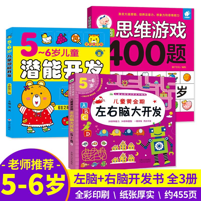 全套3册 5-6岁儿童潜能开发全书幼儿园大班宝宝左右脑大开发全脑思维训练早教书 儿童益智找不同走迷宫图书智