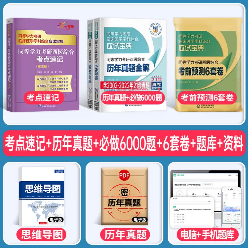 同等学力申硕2024年人员申请硕士学位考研西医综合历年真题库模拟试卷6000题临床医学西综考点速记密押卷24在职研究生学历统考联考 考点速记+真题+章节题+密押卷