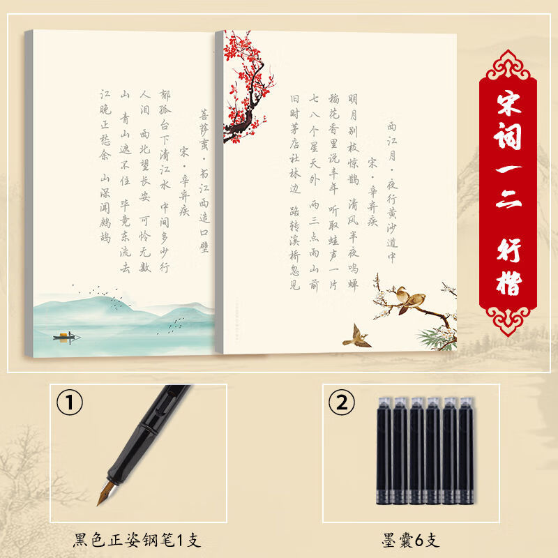 古风版古诗词字帖女生字体漂亮临摹唐诗宋词练字帖卫夫人楷书钢笔字帖成年楷书学生练字专用每日一练成人练字男生硬笔书法练字本 64首宋词合集[行楷版]钢笔套餐