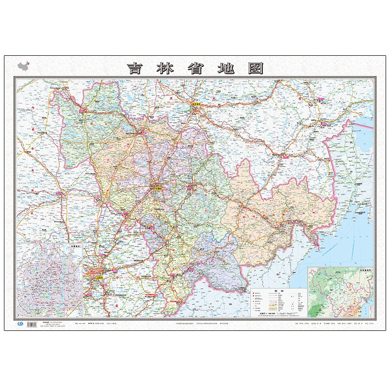2023年 吉林省地图 覆膜防水 政区交通地形 约1.1米*0.8米 无杆贴图