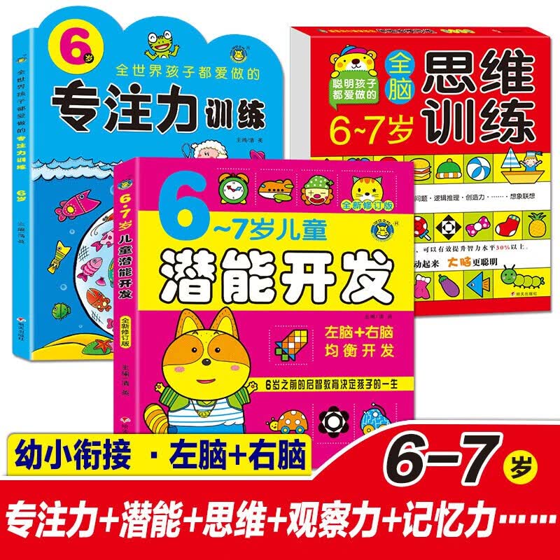 3册6-7岁儿童潜能开发宝宝左右脑开发专注力训练全脑思维训练早教书逻辑思维训练书籍启蒙早教专注力训练 默认规格
