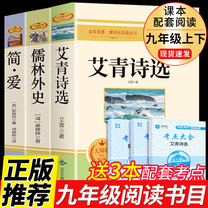 【配套人教版】艾青诗选原著九年级下册课外阅读书籍初三9下名著课外书语文书目和水浒传完整版非人民教 【3册】艾青诗选+简爱+儒林外史