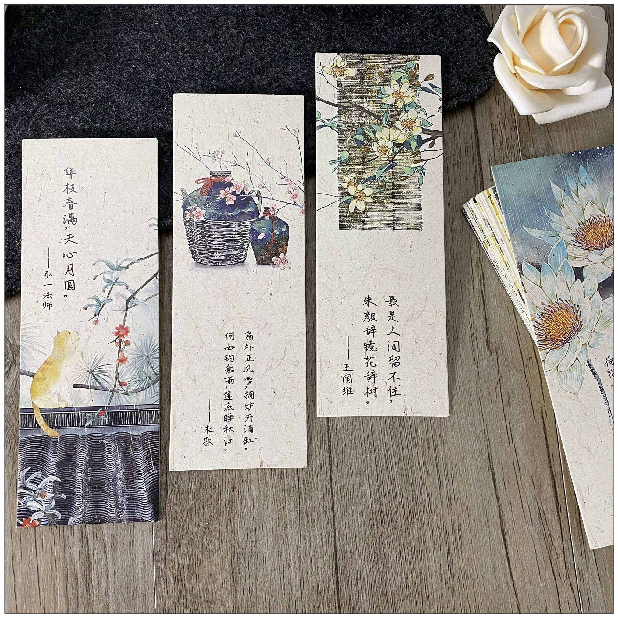 中国风诗词明信片插画装饰古朴诗韵 盒装学生文具纸质复古风卡片 诗韵 书签32张 尺寸142*50mm