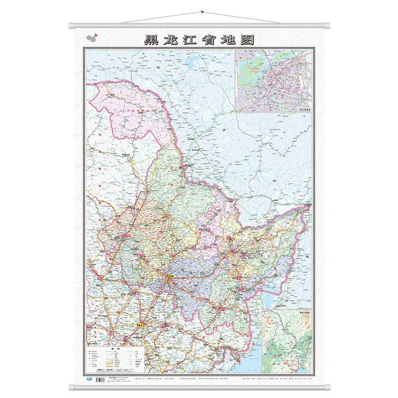 2022年 黑龙江省地图 覆膜防水 约1.1米*0.8米 带杆挂图