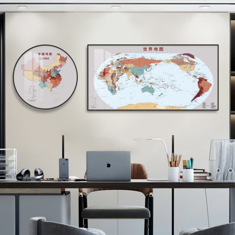 中国地图挂画客厅沙发背景墙面装饰画现代简约办公室世界地图壁画 D款 拉丝铝合金框+轻奢晶瓷亮面+120*120cm直径