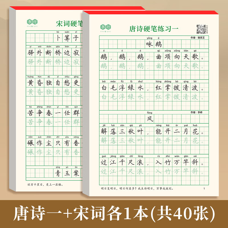 【书行】唐诗宋词练字帖楷书描红一二三四五六年级小学生硬笔书法练字本儿童每日一练古诗词练字帖成人书法钢 [2本装]唐诗一+宋词各1本