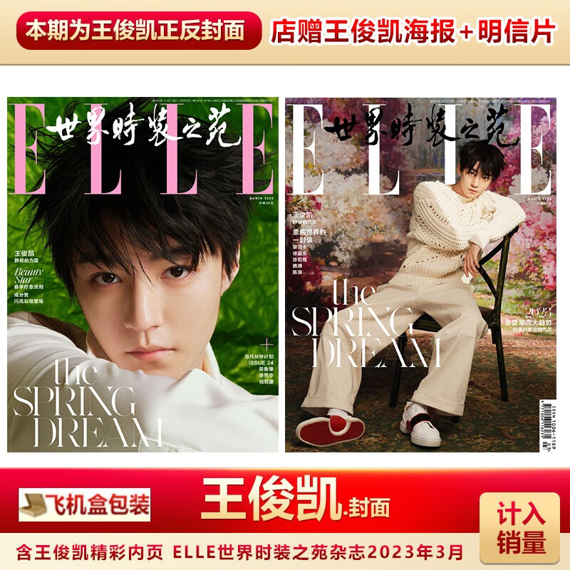 现货 T锦绣3月 王俊凯封面+赠官方海报+店赠明信片+飞机盒 计入销量 T锦绣风尚志/世界时装之苑ELLE/杂志2023年3月/三月号 王俊凯期刊 ELLE23年3月王俊凯封面+店赠海报明信片