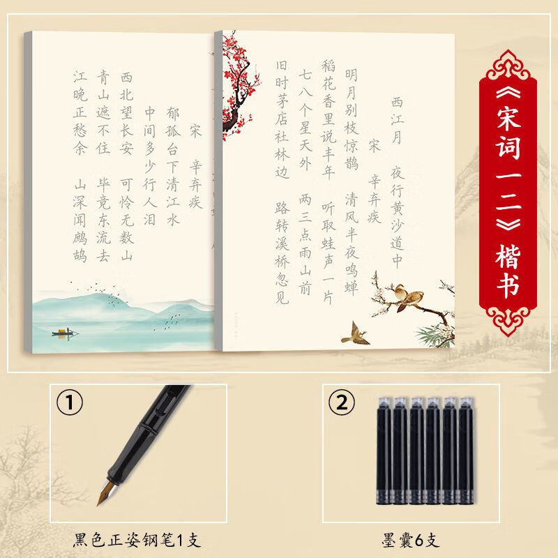 古风版古诗词字帖女生字体漂亮临摹唐诗宋词练字帖卫夫人楷书钢笔字帖成年楷书学生练字专用每日一练成人练字男生硬笔书法练字本 64首宋词合集[楷书版]钢笔套餐