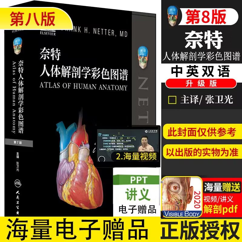 奈特人体解剖学彩色图谱 第8版 解刨学书籍临床医学教材图书中英双语解破学普外全彩涂色格氏耐特人卫图鉴系统局部神经基础法医