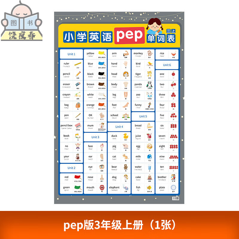 生单词人教PEP版三四五六年级上下册彩色挂图纸 三年级上册（1张）