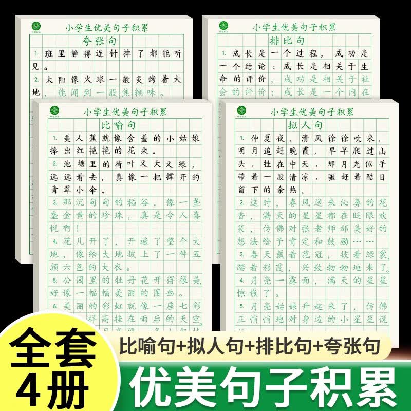 时光学每日优美句子积累大全一二三四五六年级词语积累好词好句好段字帖练字摘抄本每日一练小学生专用语文句式专项强化训练人教版 【全4册】优美句子积累 比喻句+拟人句+排比句+夸