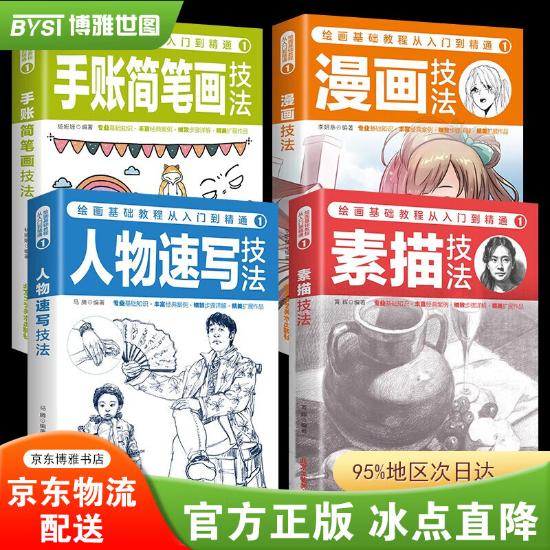 全套4册 绘画技法基础教程 简笔画 素描书 漫画教程 人物速写书 动漫绘画技巧 临摹画册手绘自学零基础入门画画书籍 套装