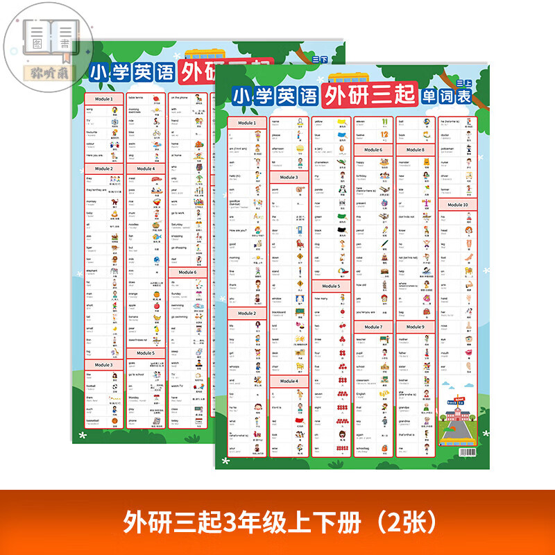 生单词表外研三起版三四五六年级彩色挂图纸 三年级上下册（2张）