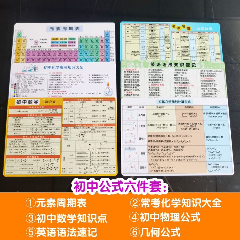 初中化学元素周期表化学方程式大全化学知识点化合价公式便携卡片 以上初中公式6件全套 正反印刷