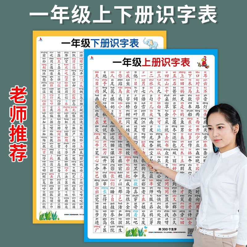 一年级语文上册下册认字生字识字表挂图卡片人教版识字书拼音墙贴 1年级上册+下册（2张）