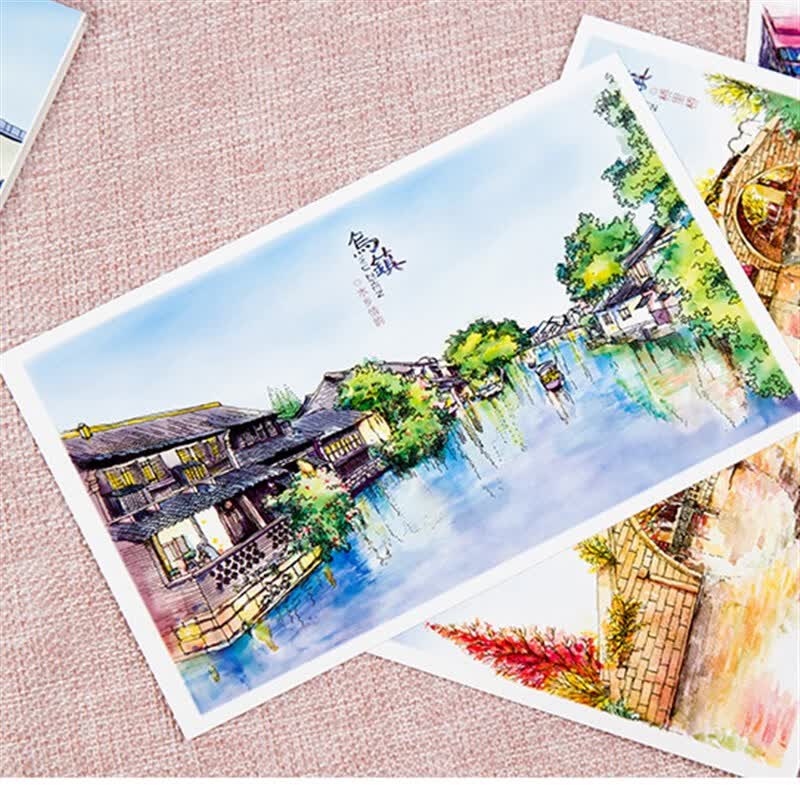 文创旅游纪念品手绘江南古镇水乡明信片乌镇同里苏州周庄西塘扬州 10张乌镇168*105mm